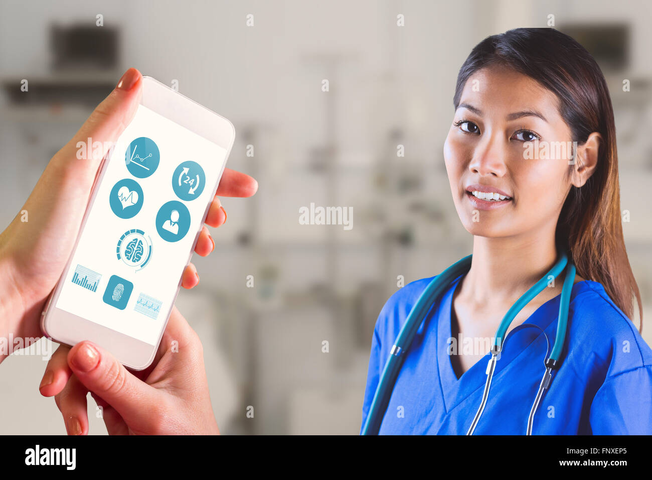 Composite image of asian nurse with stethoscope looking at the camera ...