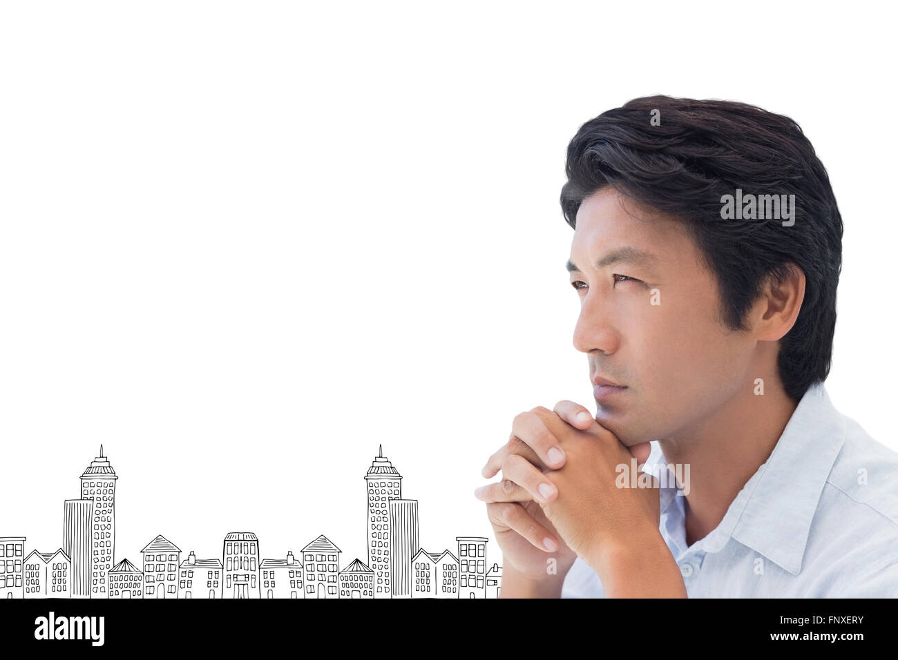 Composite image of thinking man with hands together Stock Photo - Alamy