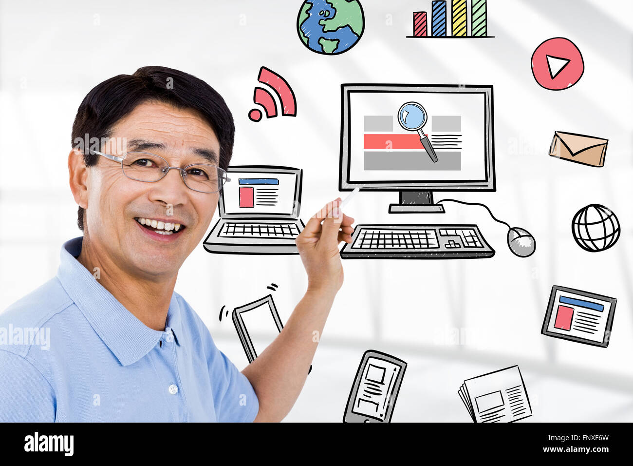 Composite image of elderly man pointing behind him Stock Photo - Alamy