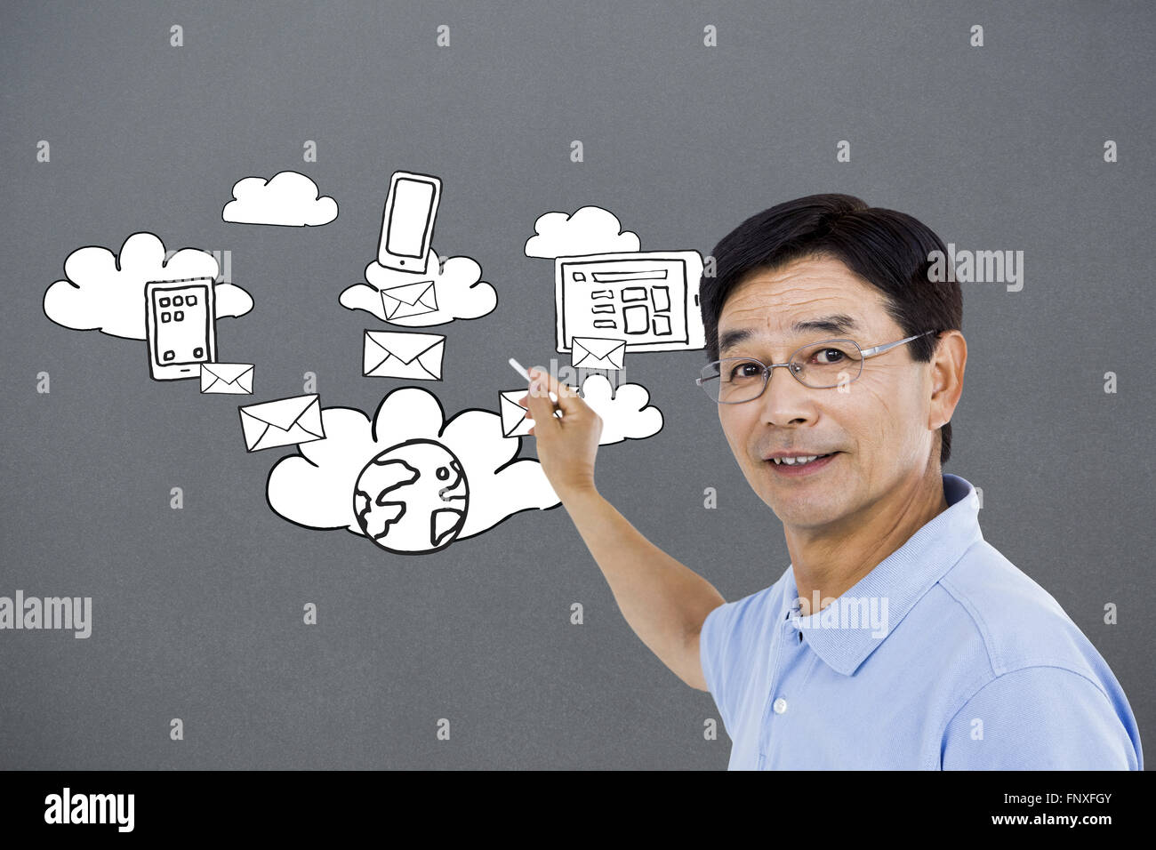 Composite image of elderly man pointing behind him Stock Photo - Alamy