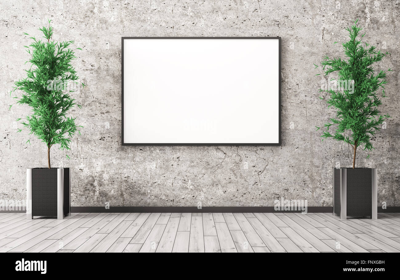 Interior of room with big poster on the concrete wall and plants 3d ...