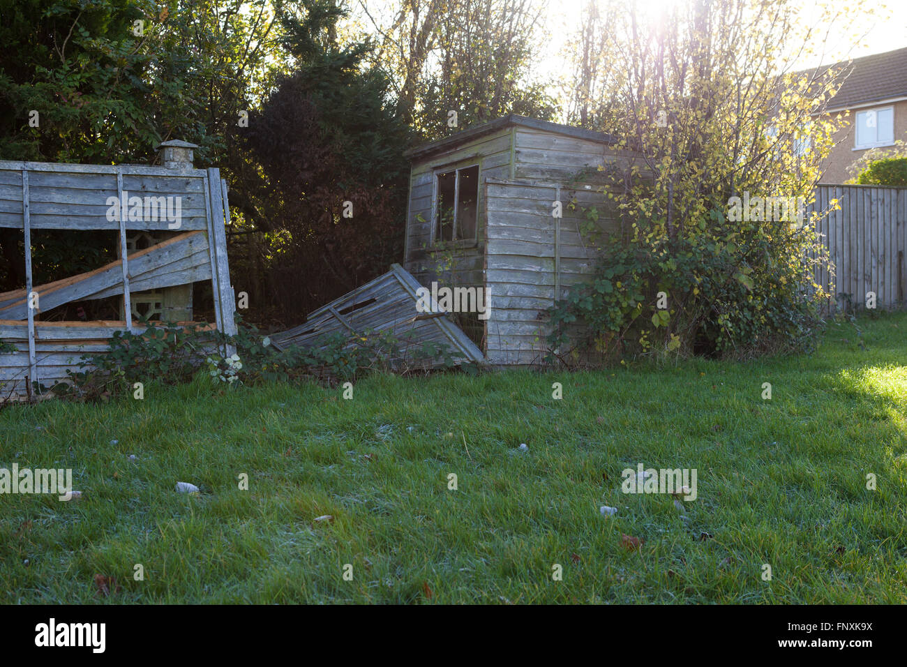 An old run down and broken garden shed and fence in the early morning ...