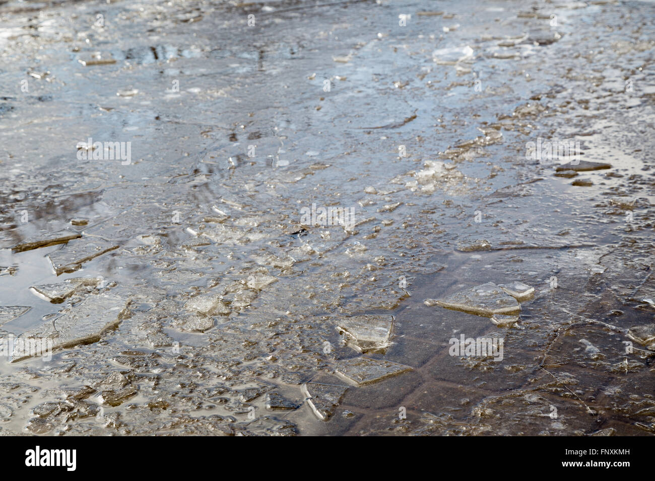 Puddles and chopped ice on the sidewalk in the spring Stock Photo - Alamy