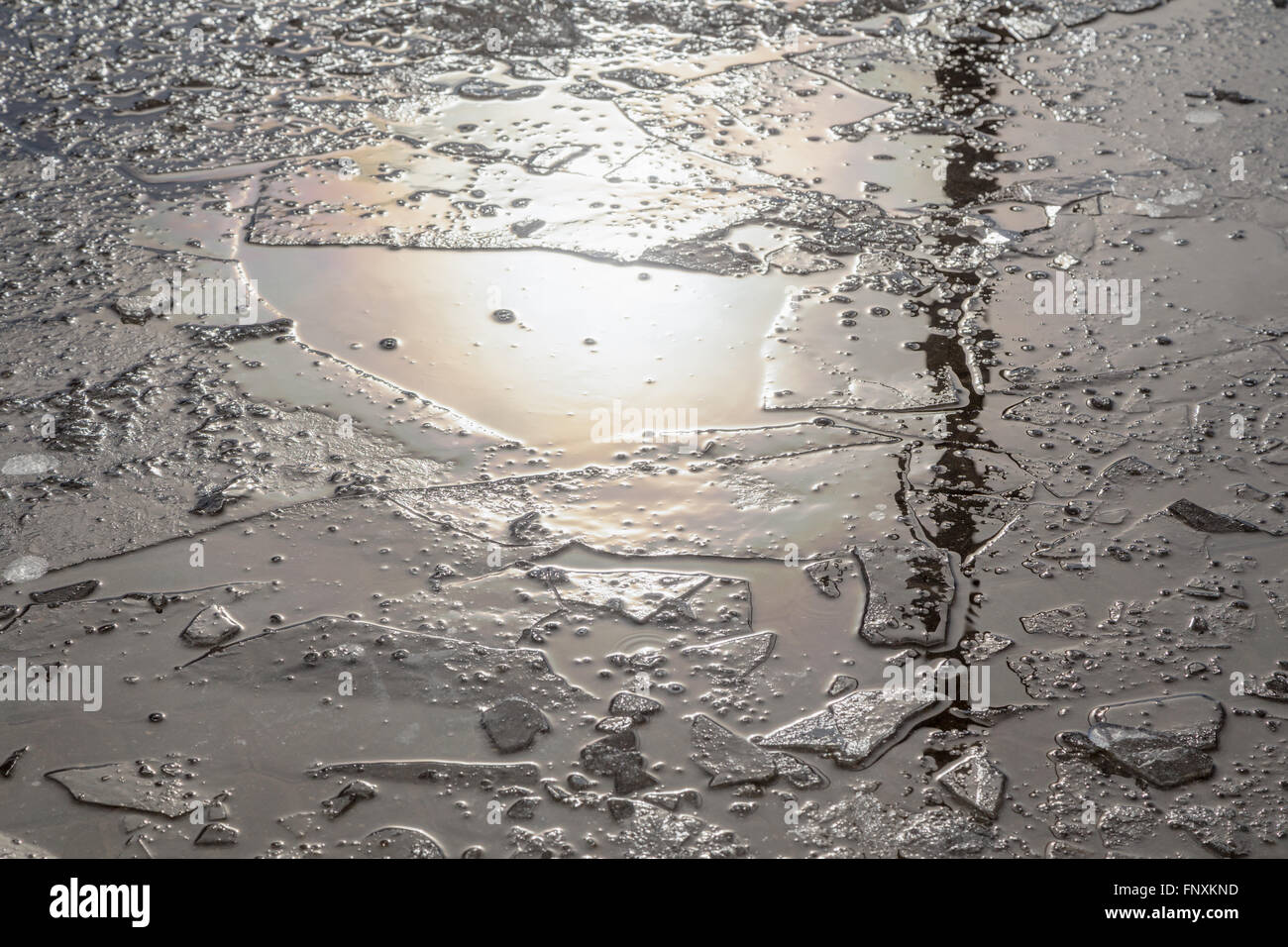 Puddles and chopped ice on the sidewalk in the spring Stock Photo - Alamy