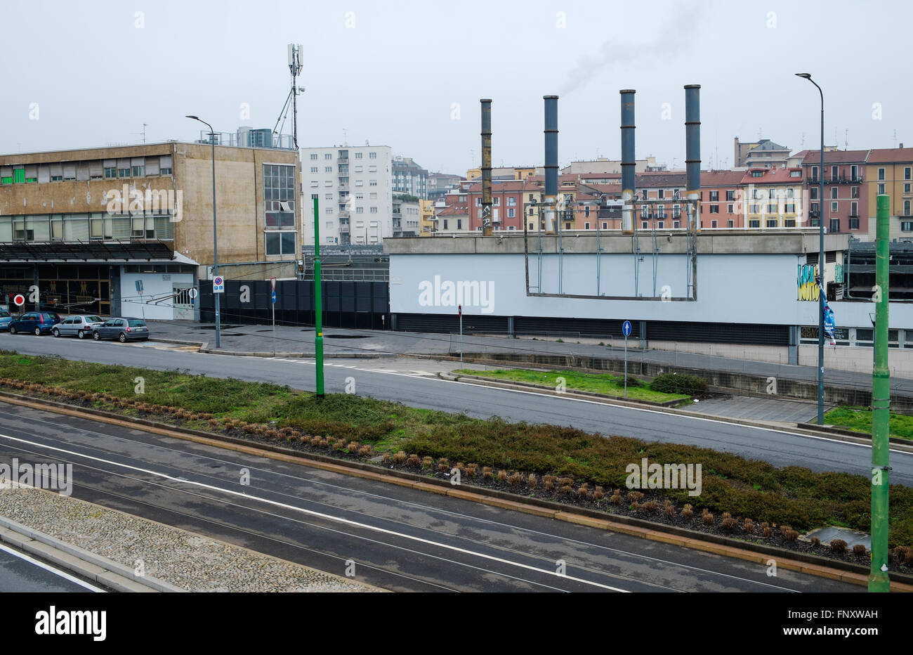 MILAN, ITALY - MARCH, 06: View industrial chimney stack in Milan on ...