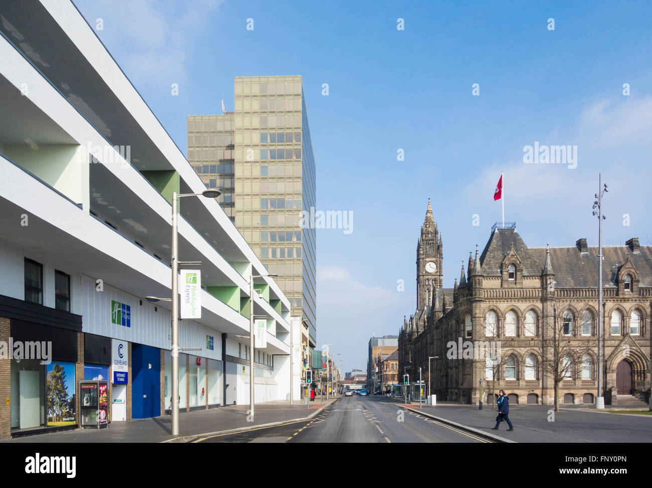 View down Albert road with Holiday Inn Express on left and town hall on ...
