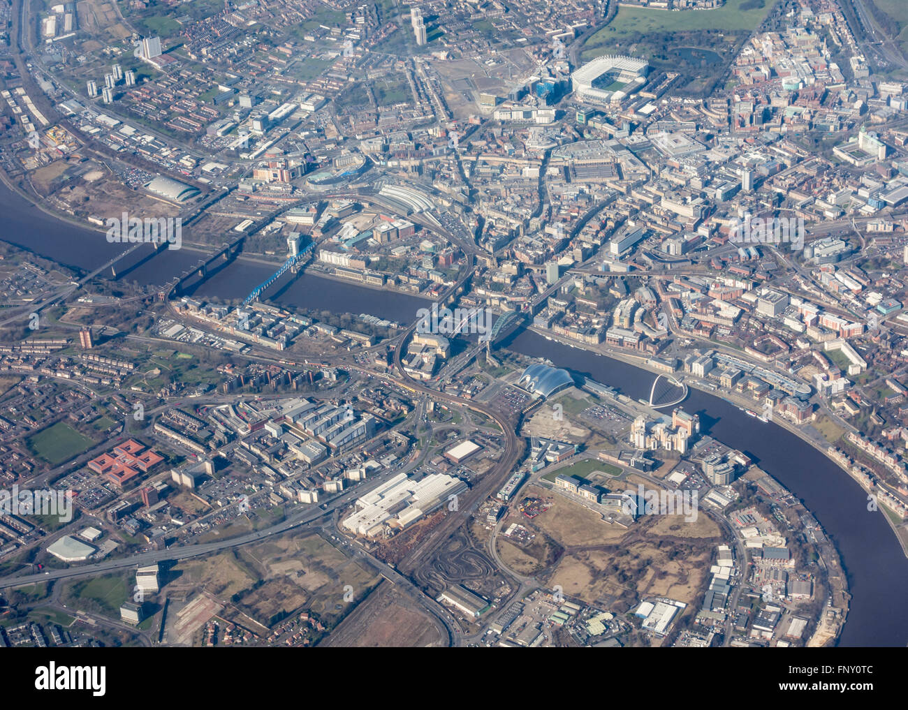 Aerial view over Newcastle upon Tyne, the river Tyne and bridges ...