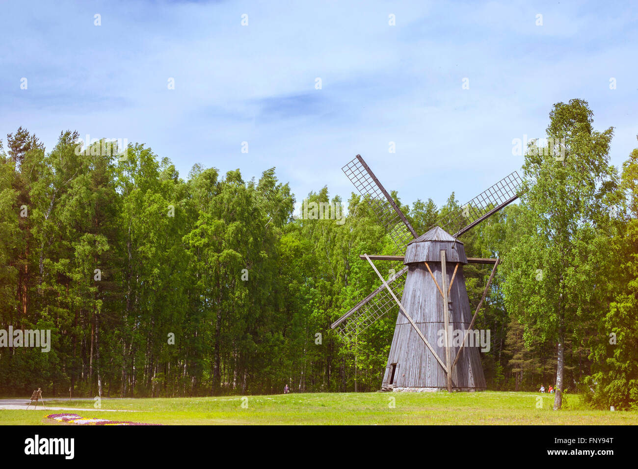 TALLINN, ESTONIA - YUNI 13, 2015: Windmill in Museum Estonian open air, Vabaohumuuseumi kivikulv ...