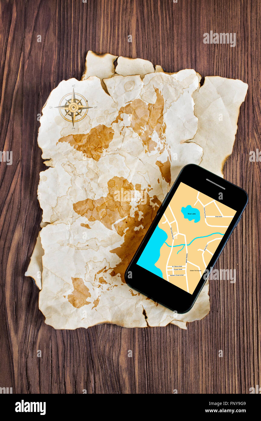 Old map and smartphone. Travel and navigation concept Stock Photo - Alamy