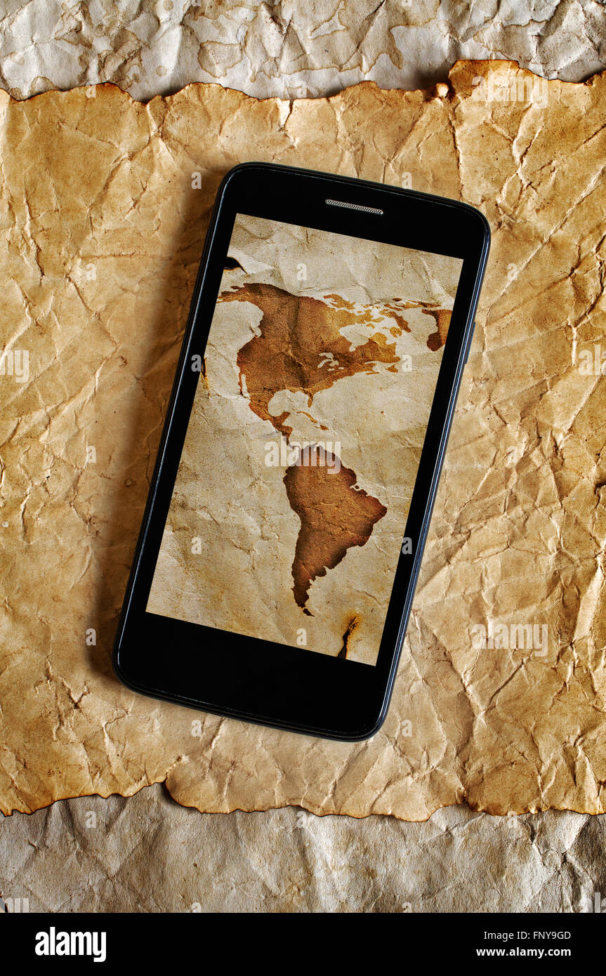 Old map and smartphone. Travel and navigation concept Stock Photo - Alamy