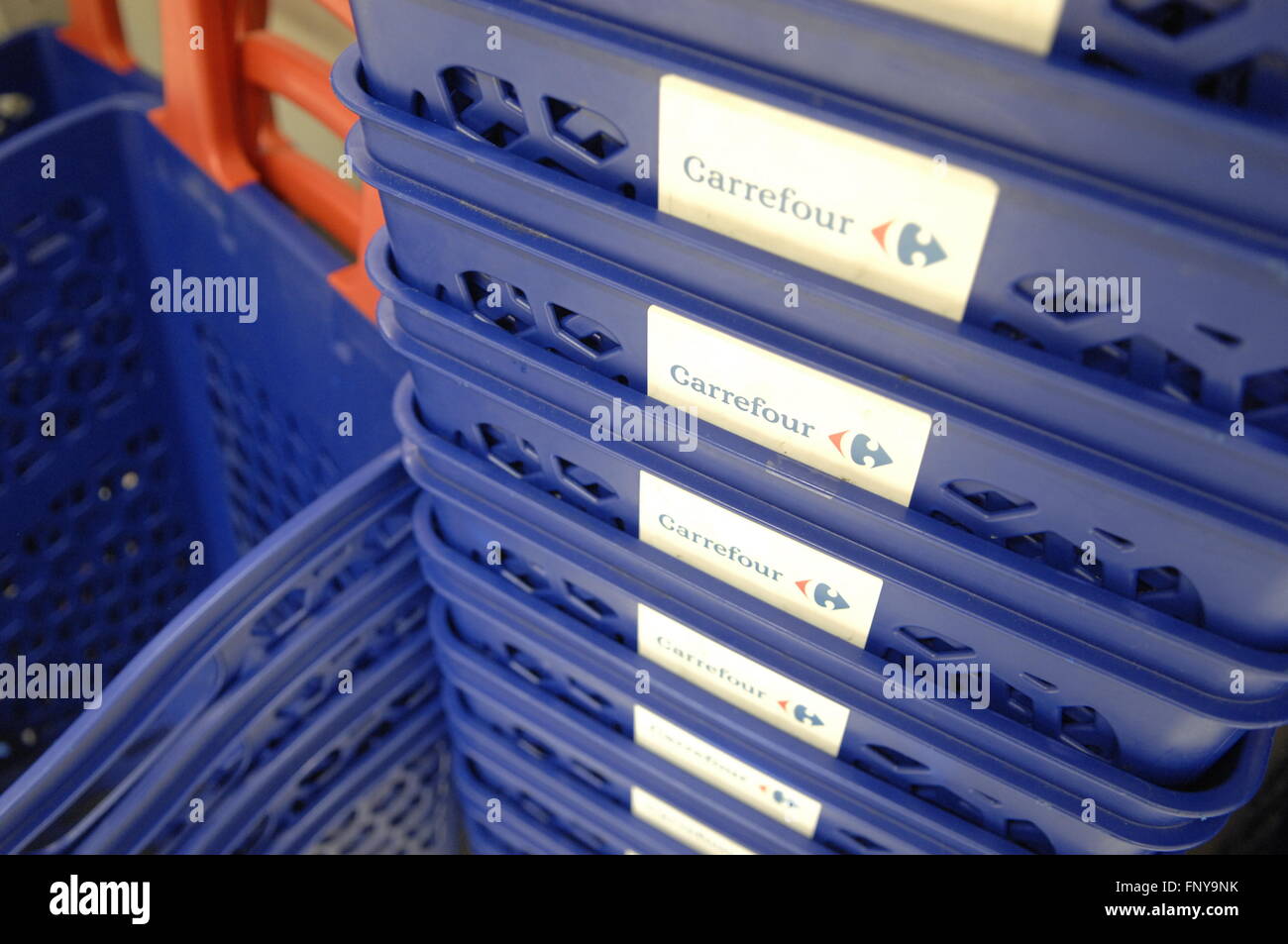 Carrefour Shopping Baskets stacked inside Supermarket Stock Photo - Alamy