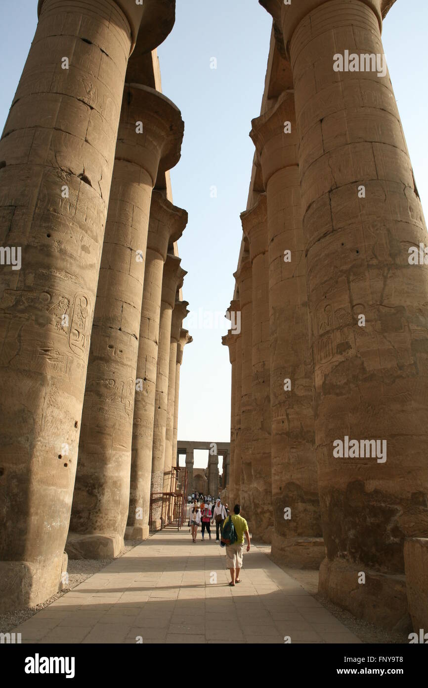 LUXOR, EGYPT - JULY 19: A perspective view looking upwards at massive ...