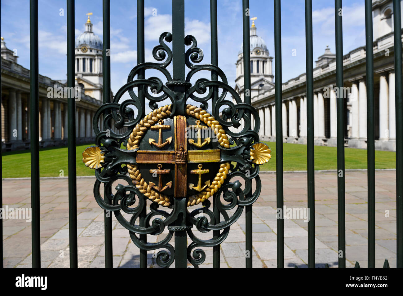 A decorative anchor design on the metal gate at the Royal Naval College ...