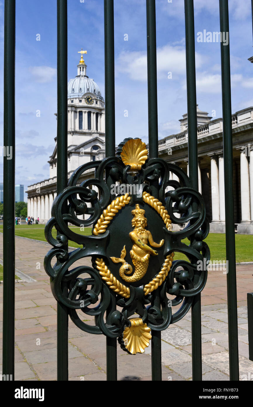 A decorative mermaid design on the metal gate at the Royal Naval ...