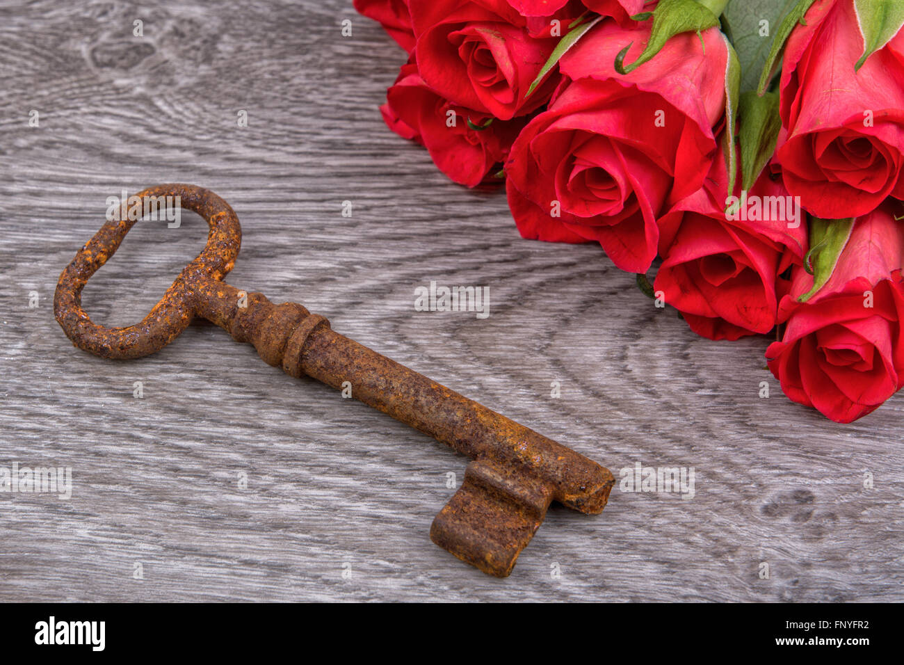 Rusty key and red roses on a wooden background Stock Photo - Alamy
