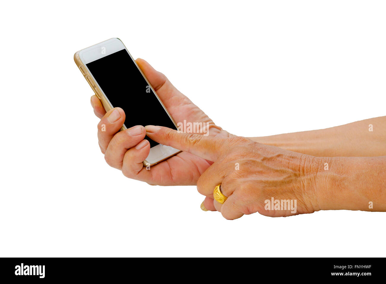 old man hand holding phone isolated on white background Stock Photo - Alamy
