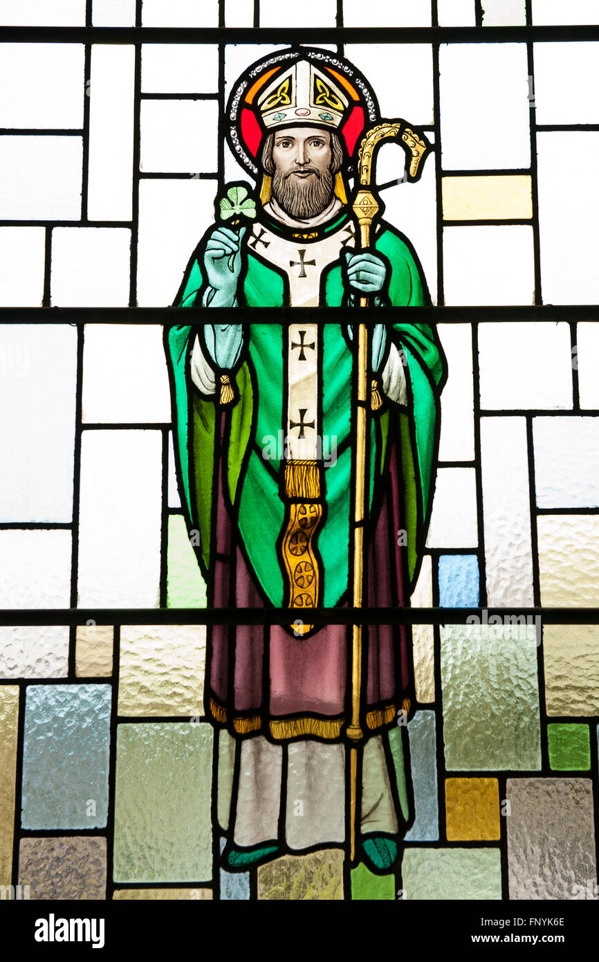A stained glass window of the patron saint of Ireland Saint Patrick ...