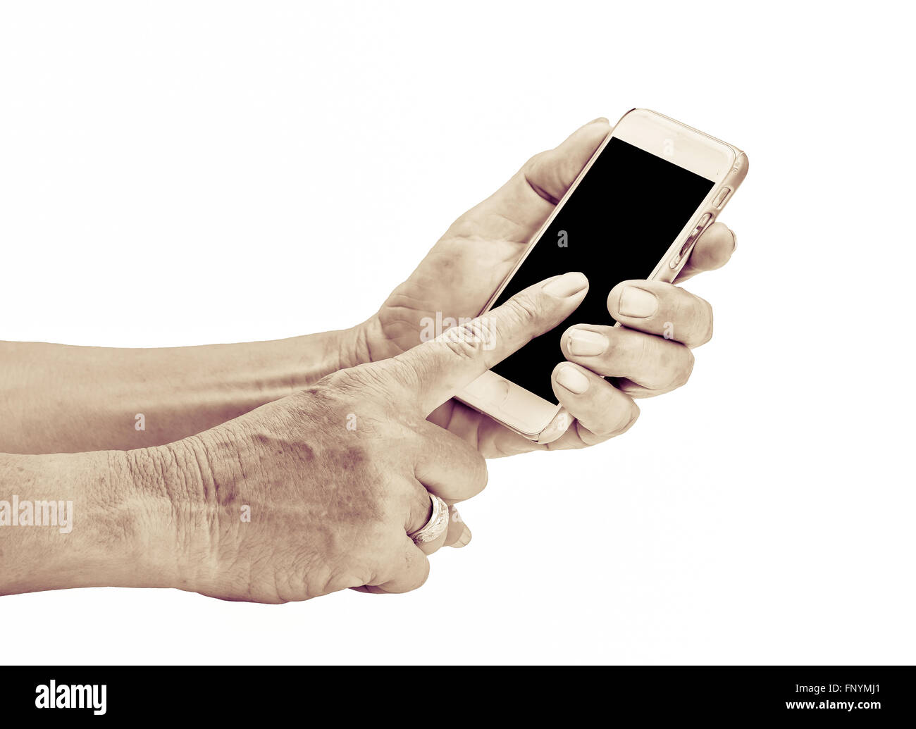 old man hand holding phone isolated on white background Stock Photo - Alamy