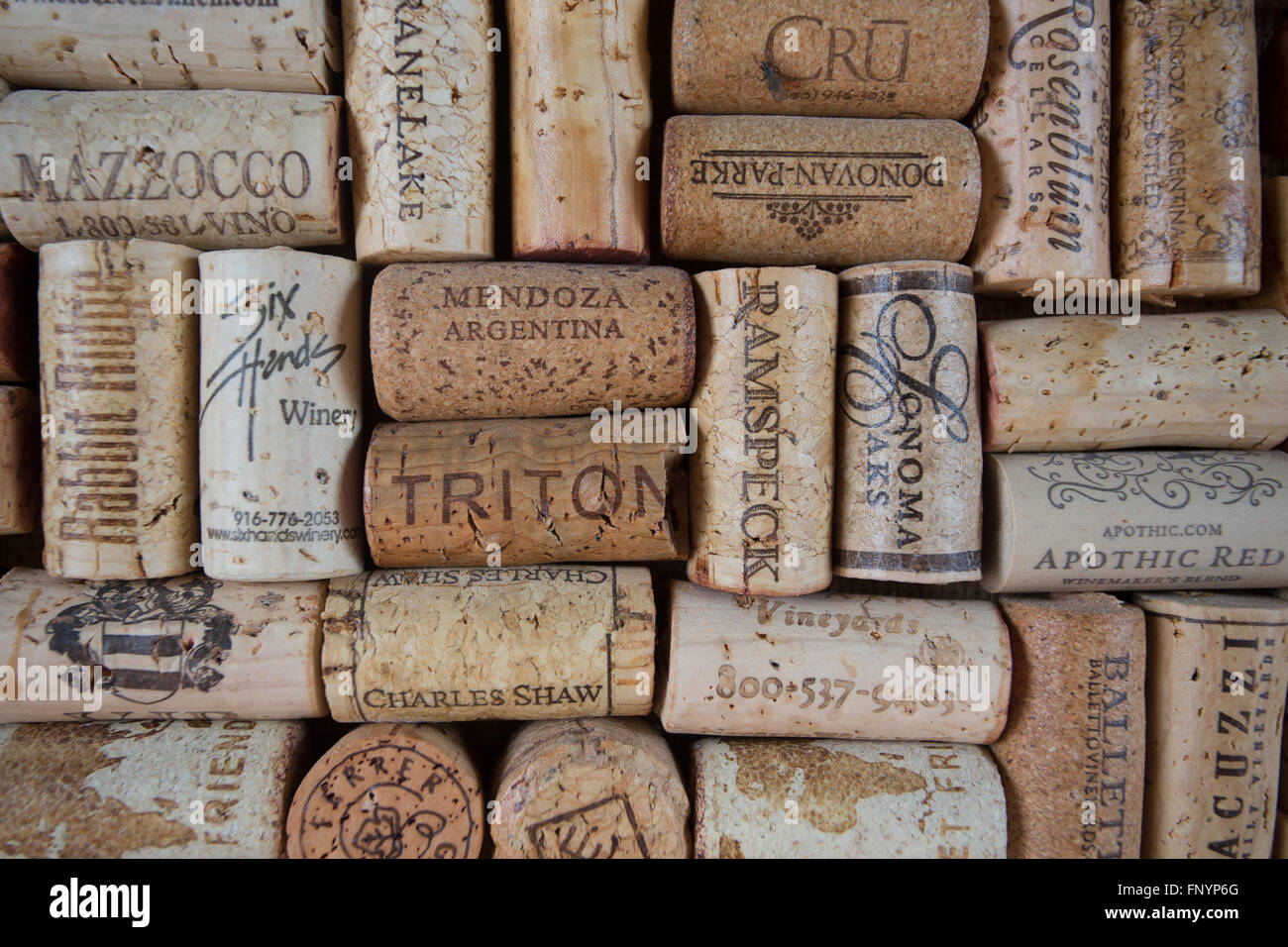 collection of corks arranged in square with vintners marks Stock Photo ...