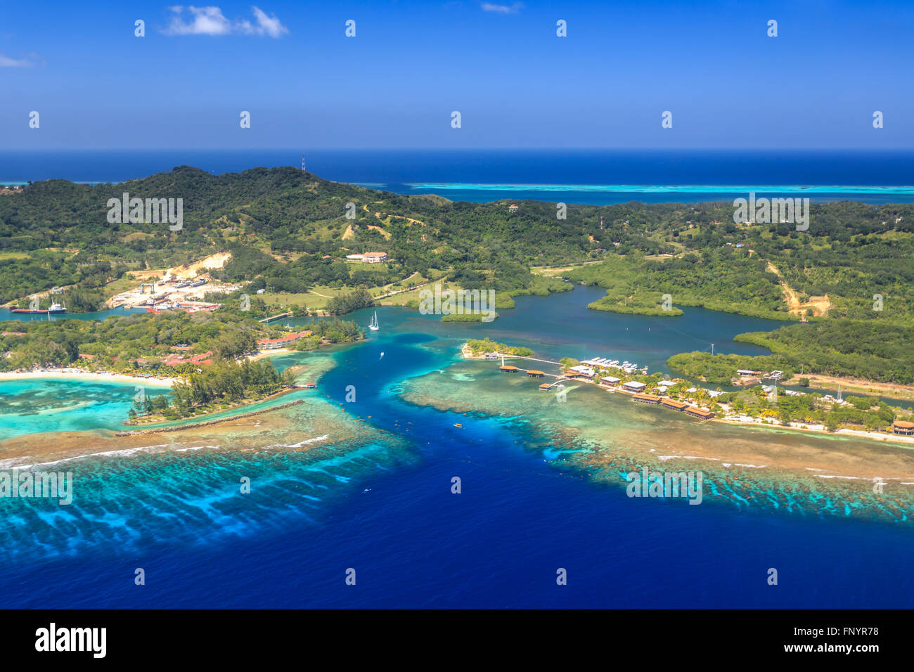 Aerial image of Roatan island bays and reef Stock Photo - Alamy