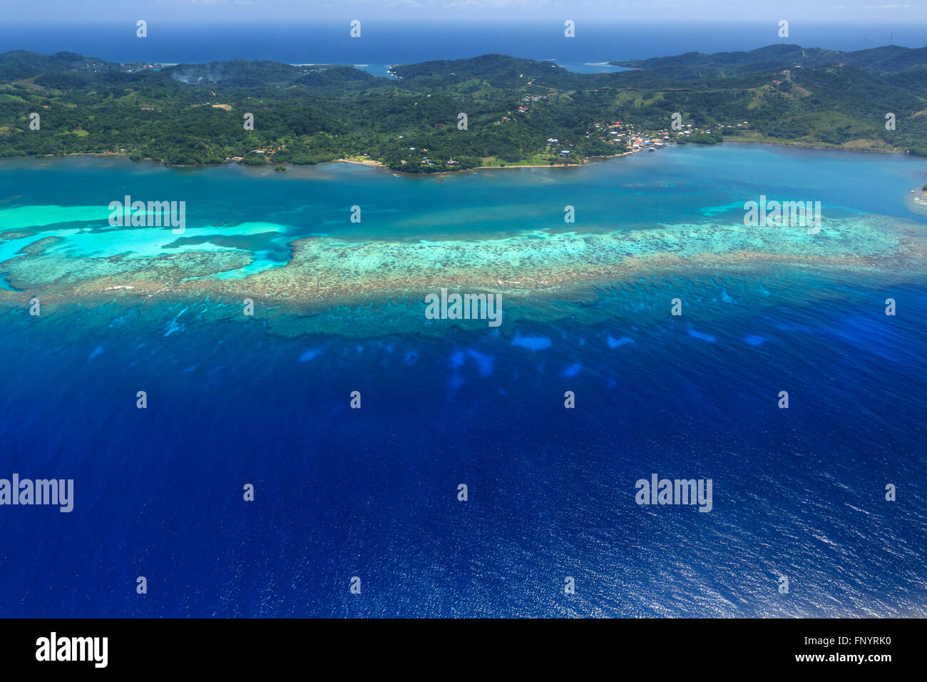 Aerial image of Roatan island and barrier islands on coral reef Stock ...