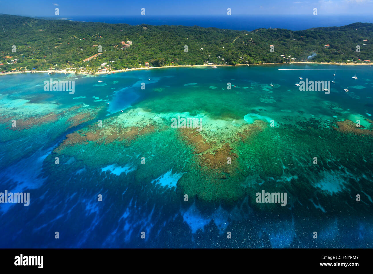 Aerial image of Roatan island and large coral reef system Stock Photo ...