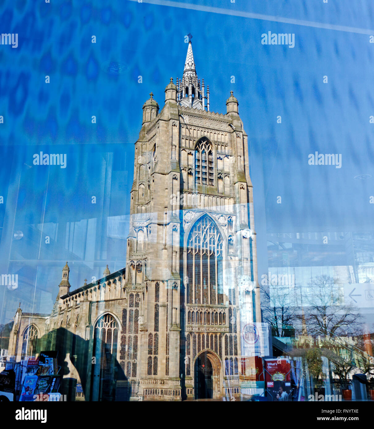 A view of the church of St Peter Mancroft reflected in the windows of ...