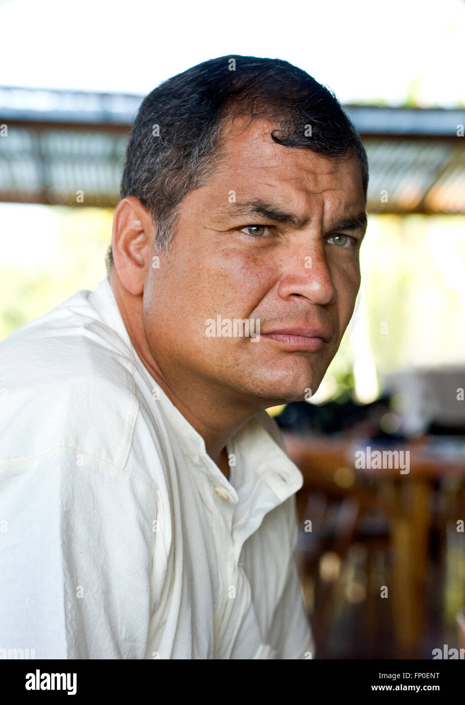 Portrait of Ecuador President Rafael Correa taken neat the Amazon River ...