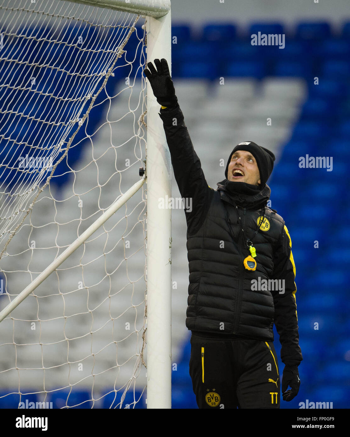 Dortmund coach Thomas Tuchel stretching for the crossbar during a ...