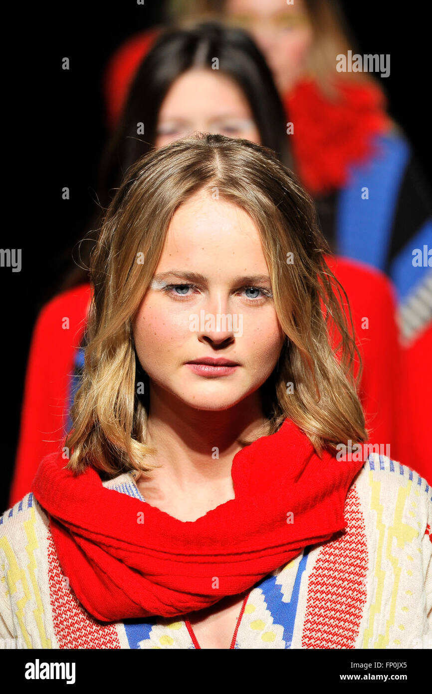 Lisbon, Portugal. 16th March, 2016. A model walks the runway showcasing ...