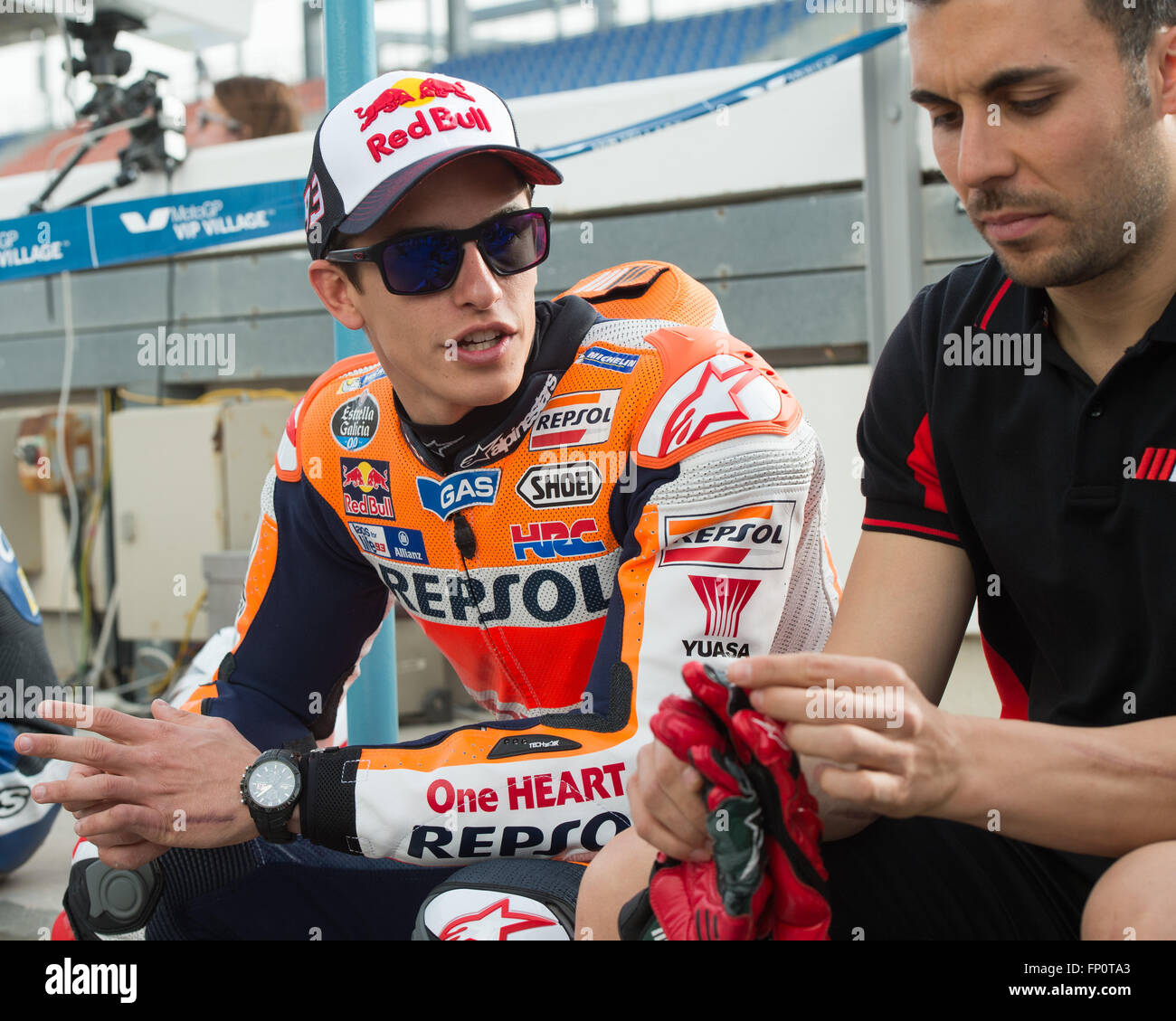 Qatar. 17th Mar, 2016. Marc Marquez attends the group photo and media ...