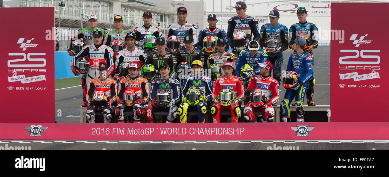 Qatar. 17th Mar, 2016. The MotoGP riders before the start of the ...