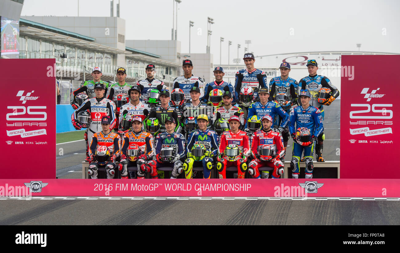 Qatar. 17th Mar, 2016. The MotoGP riders before the start of the ...