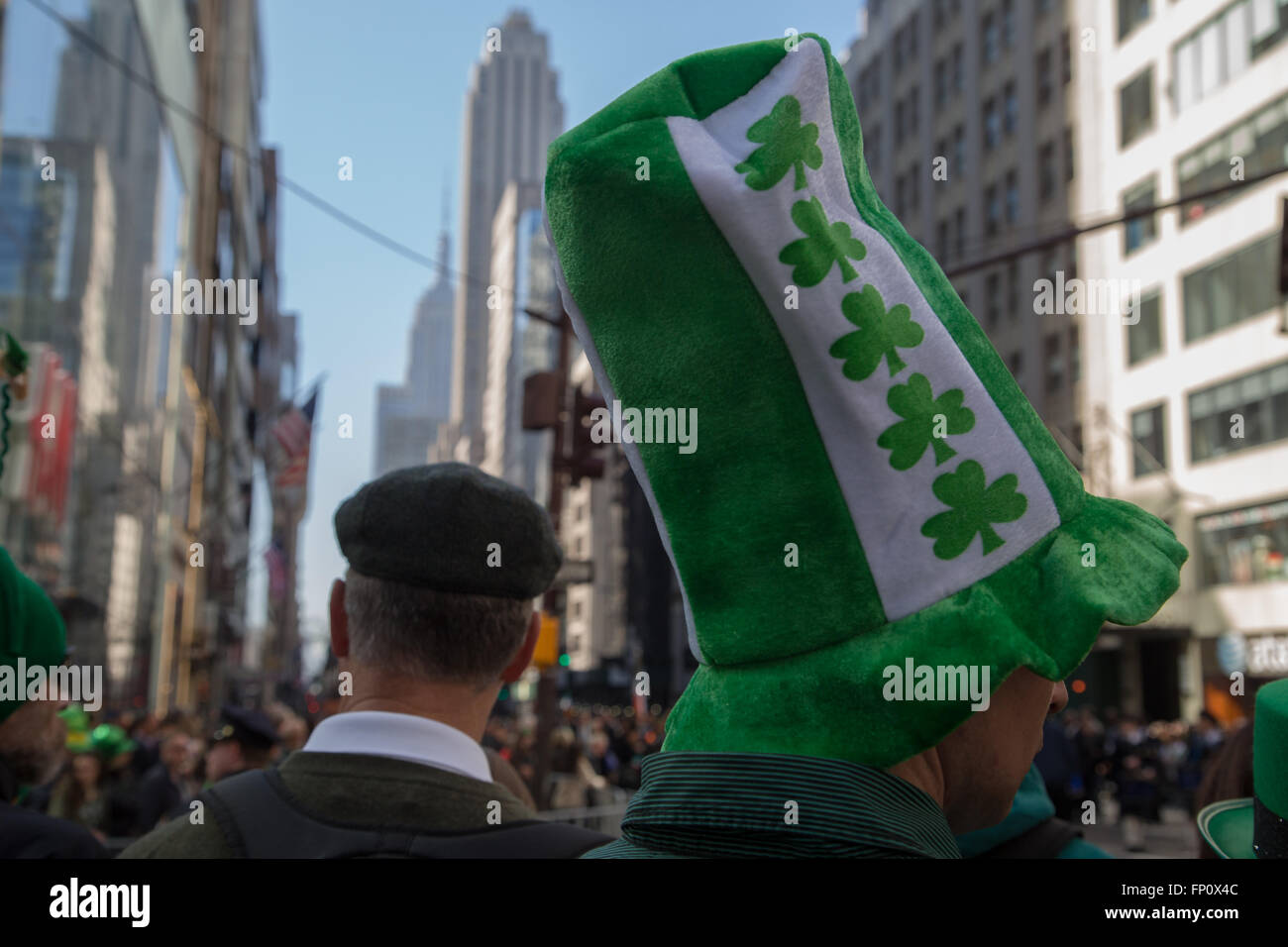 New York, USA. 17th Mar, 2016. A man in a shamrock hat on 5th avenue at ...