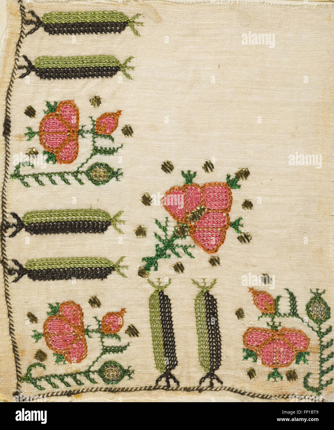This 1800 embroidery sample book features various patterns and designs ...