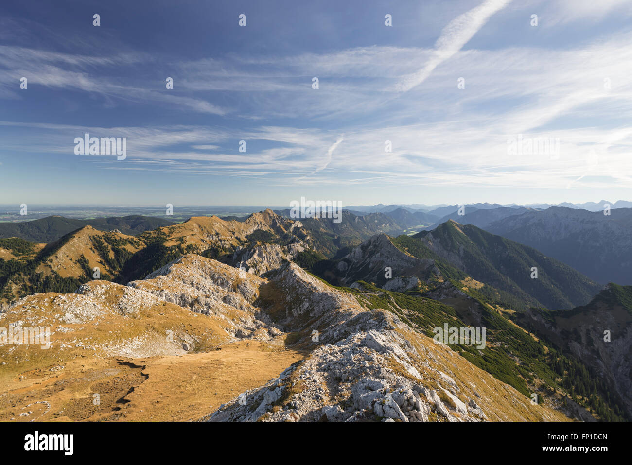 Summit ridge of Mount Hochplatte with panorama of the Ammergau Alps ...