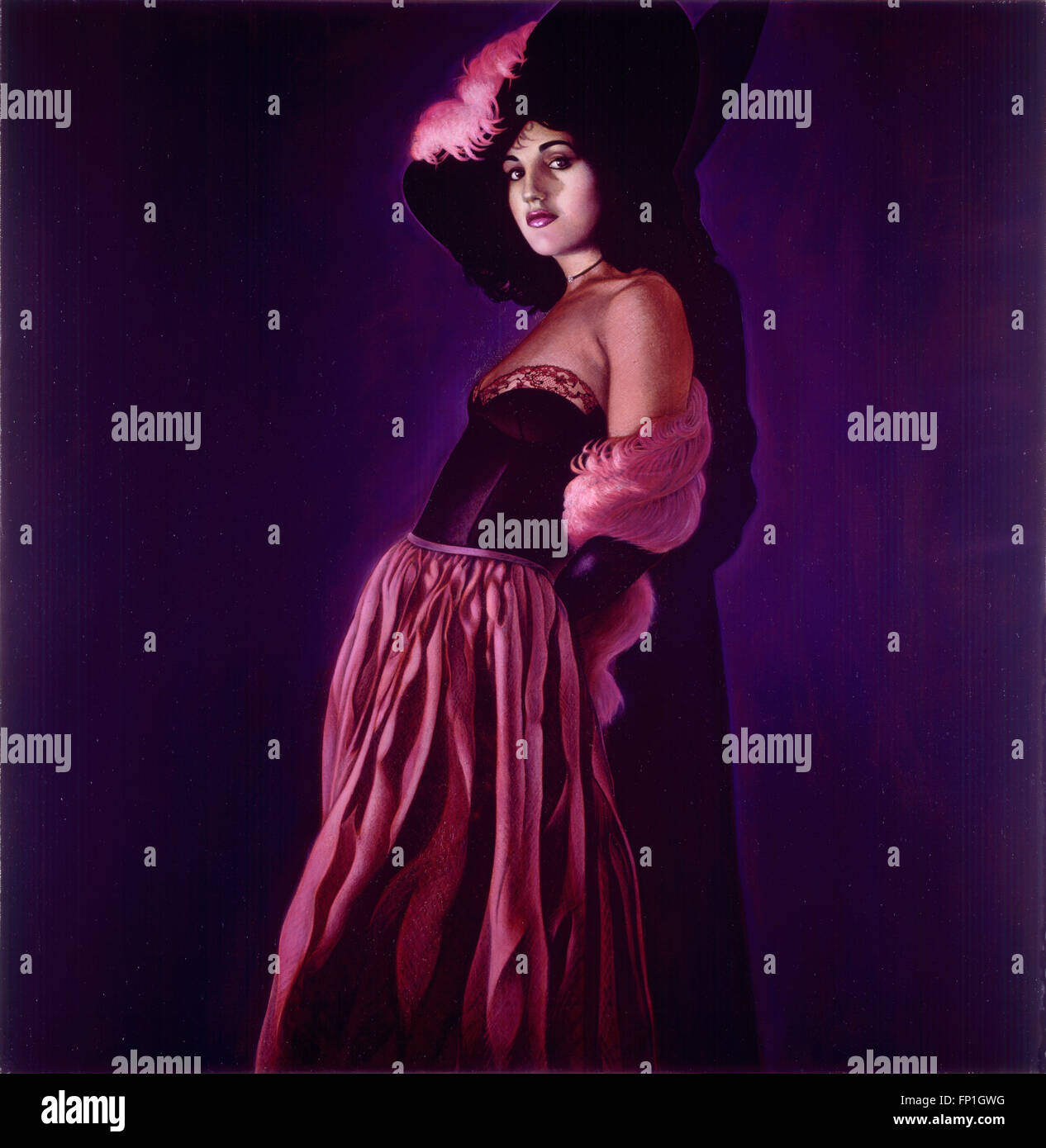 Realistic oil painting of a pre-Victorian vane woman in boa and hat ...