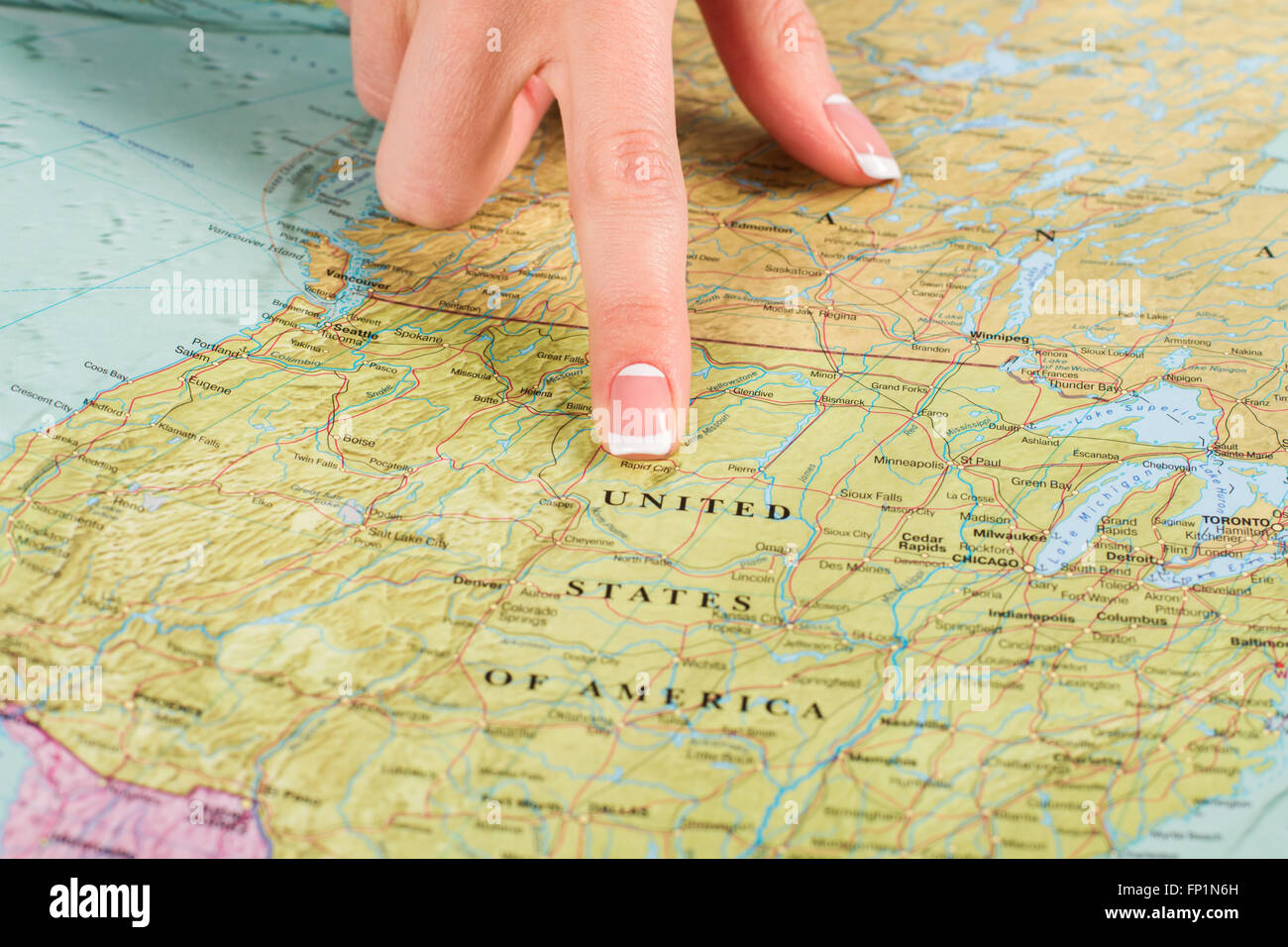 America on global map. Girl's finger pointing at USA. Land of ...