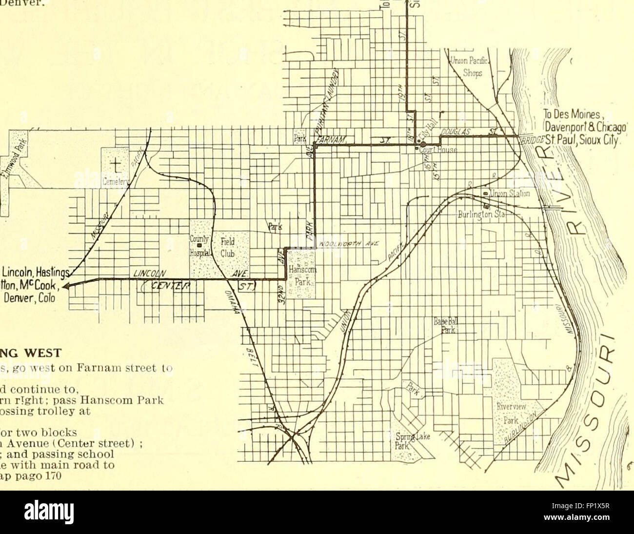 A 1911 map and guide detailing the transcontinental route from Omaha to ...