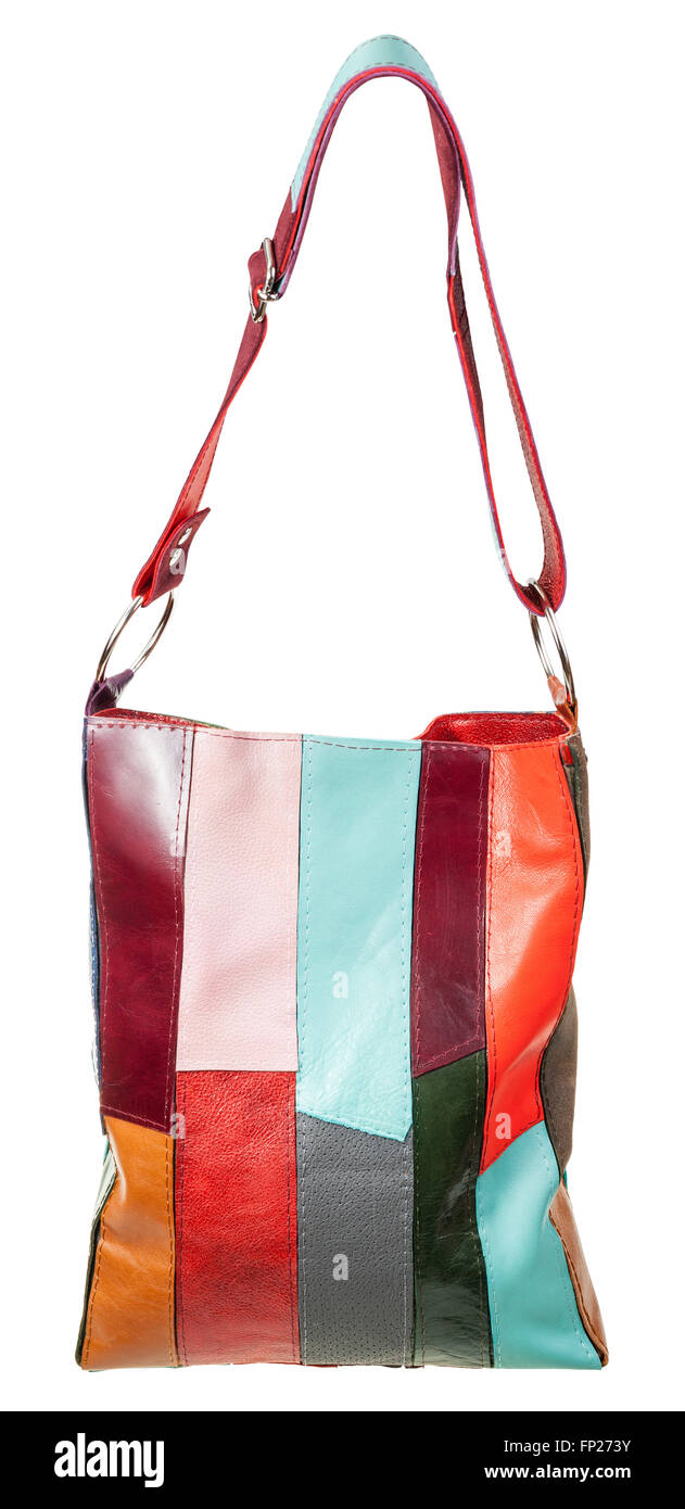shoulder bag from multi-colored leather pieces isolated on white ...