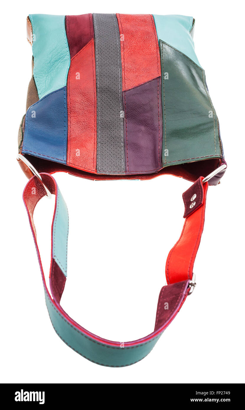 above view of shoulder bag from multi-colored leather pieces isolated ...