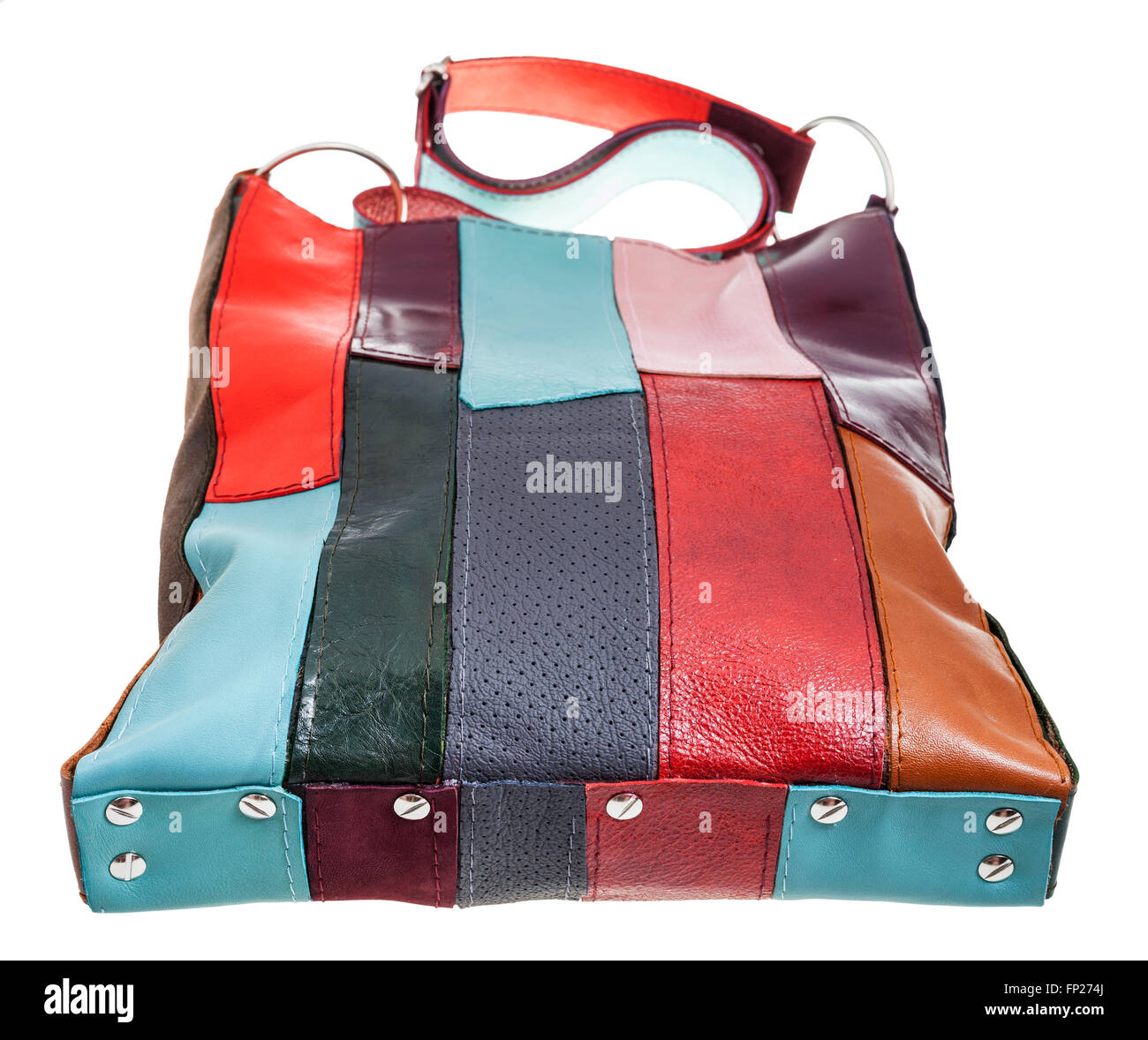bottom view of shoulder bag from multi-colored leather pieces isolated ...