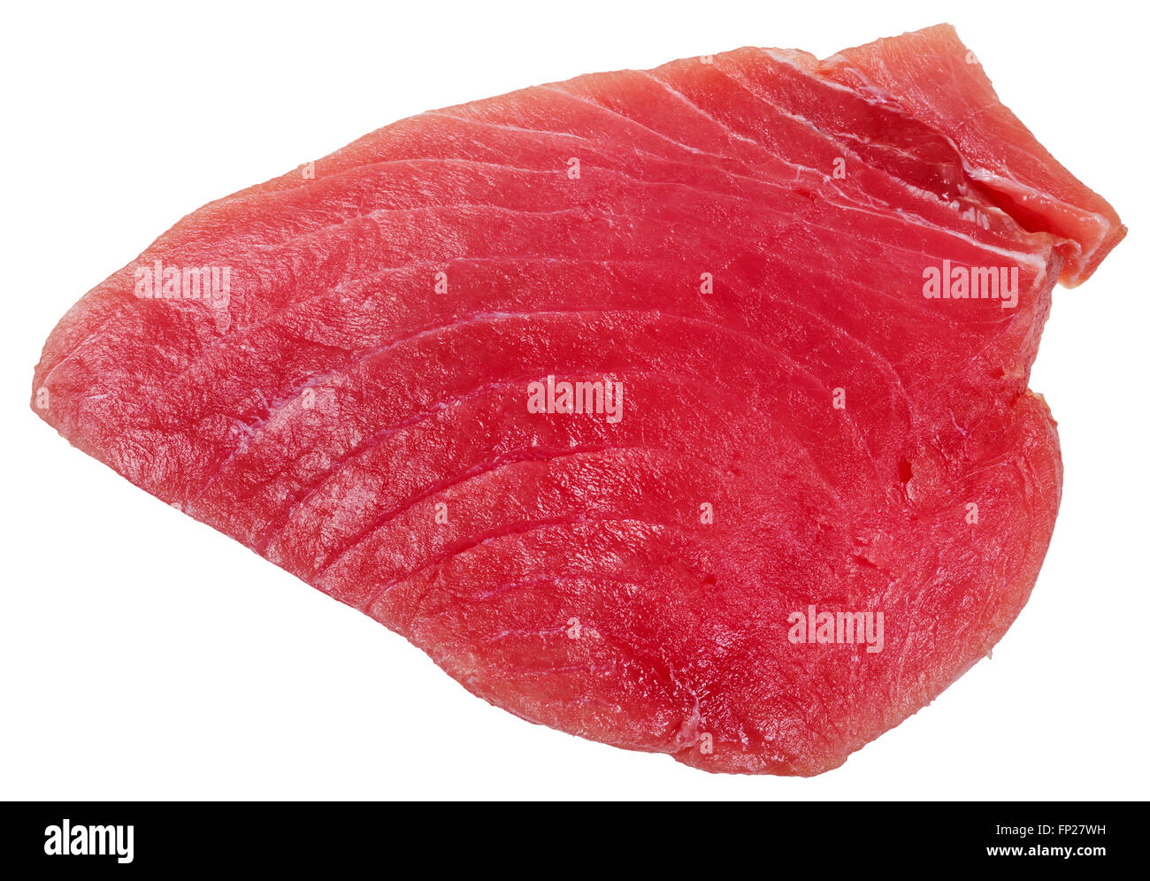 above view of piece of raw tuna fish meat isolated on white background ...