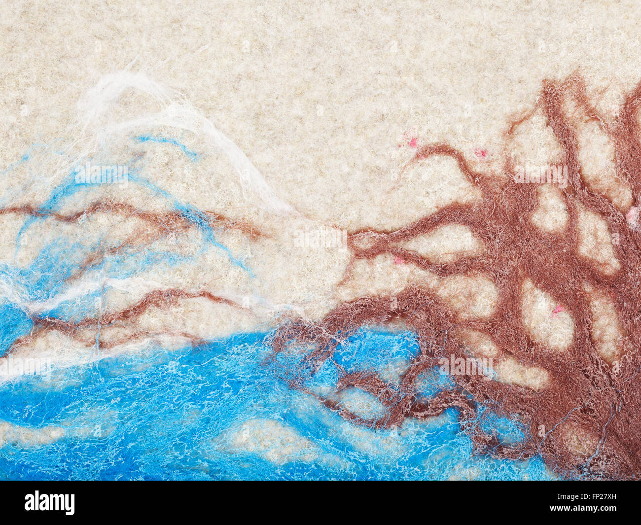 landscape with mount, sea, trees hand painted and glued on felt surface ...