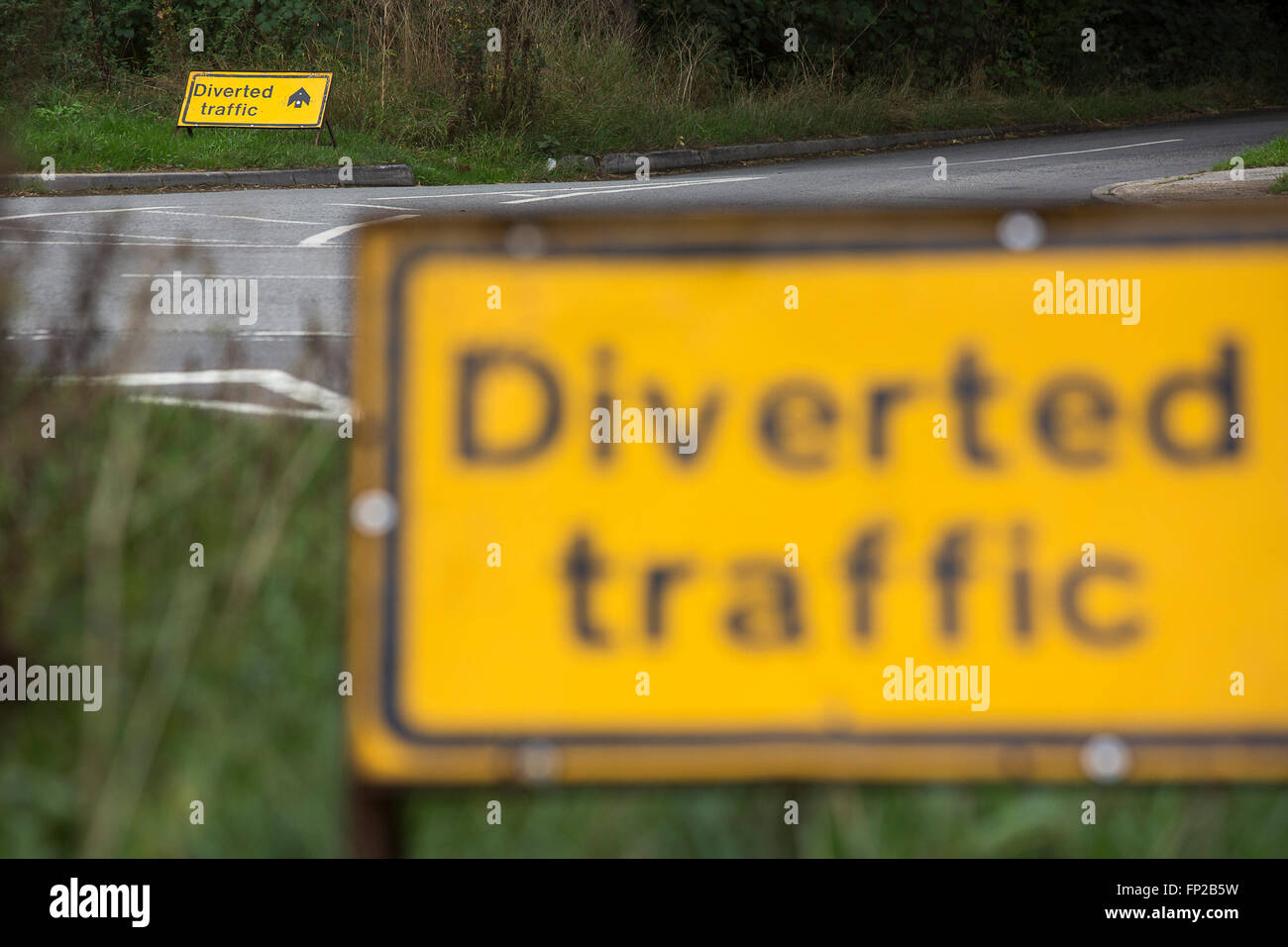 Road signs on a country lane showing diverted traffic and closed roads ...
