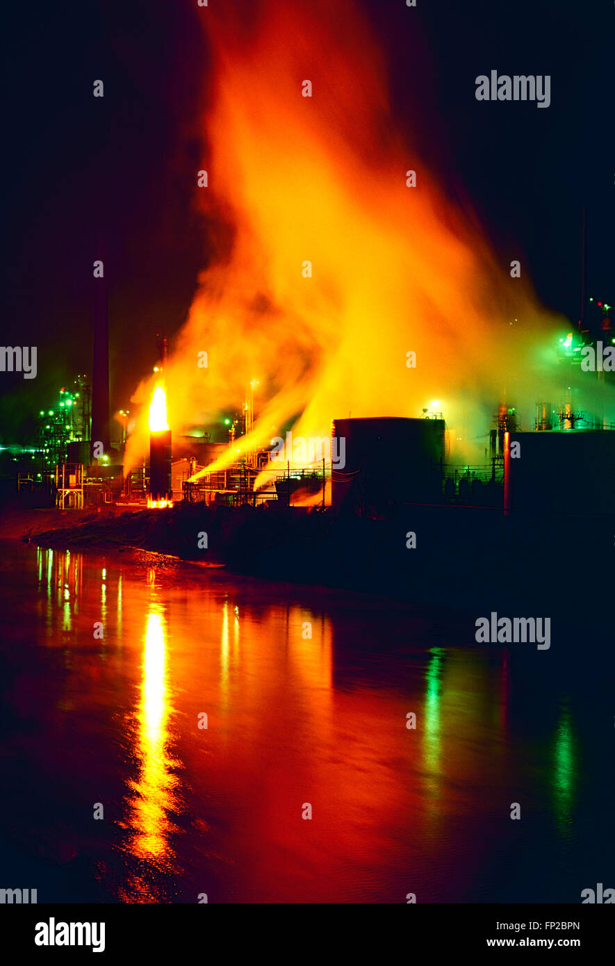 NIGHT VIEW OF PETROLEUM REFINERY; ALLEGHENY RIVER; WARREN, PENNSYLANIA ...