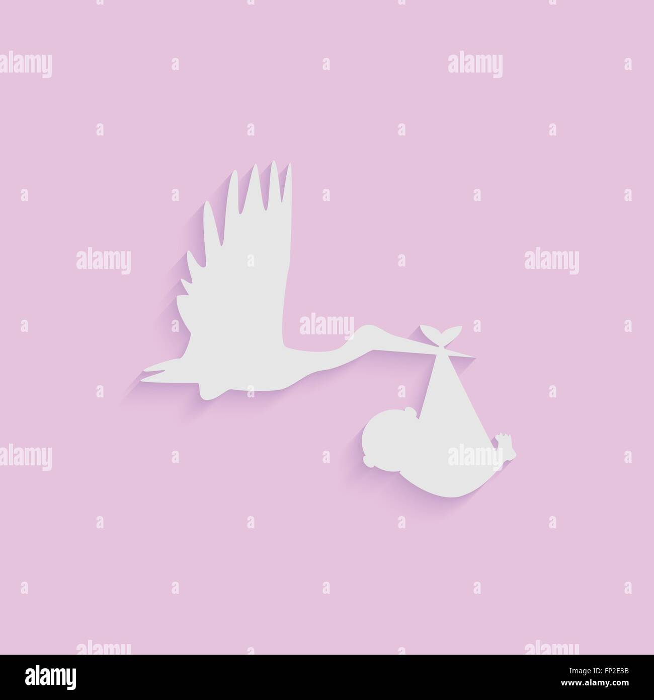 Illustration of a stork carrying a baby isolated on a pink background ...