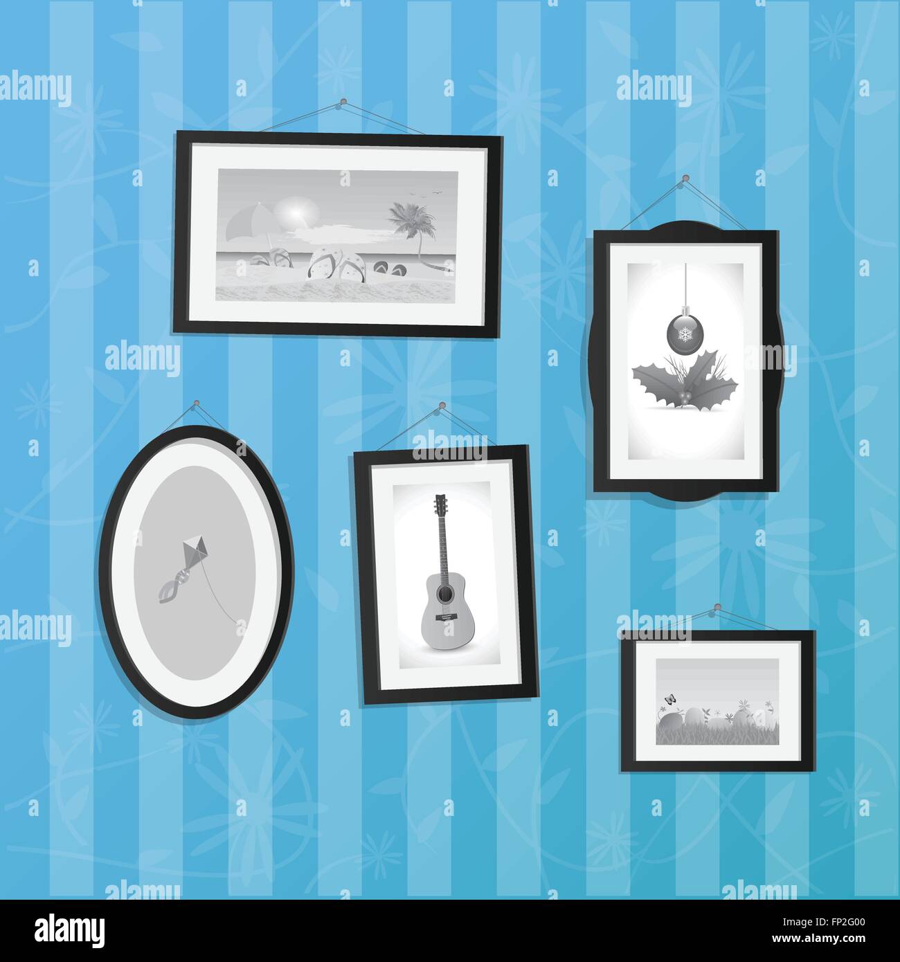 Illustration of hanging frames with pictures on a colorful background ...