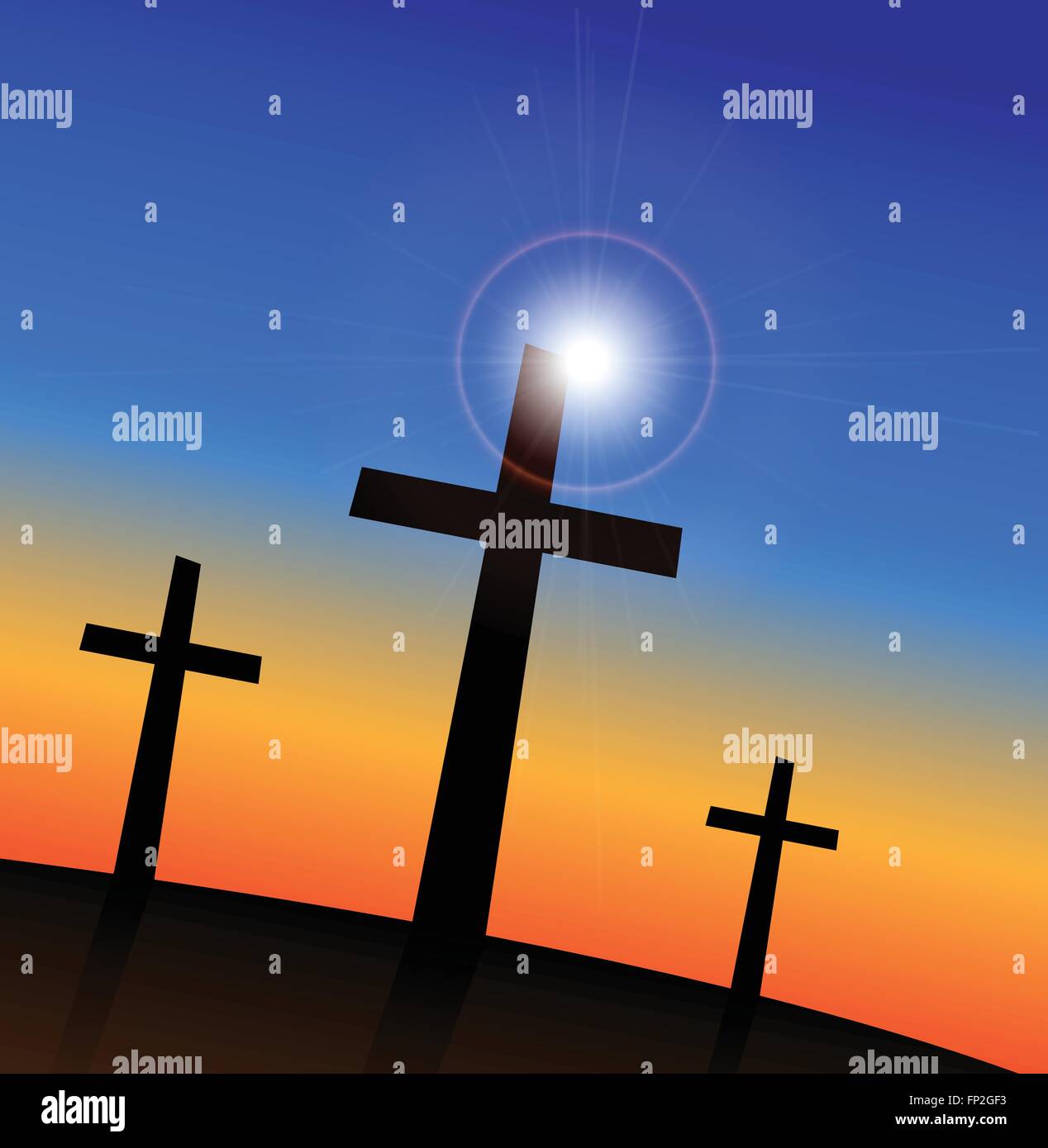 Illustration of 3 religious crosses against a colorful sky background ...