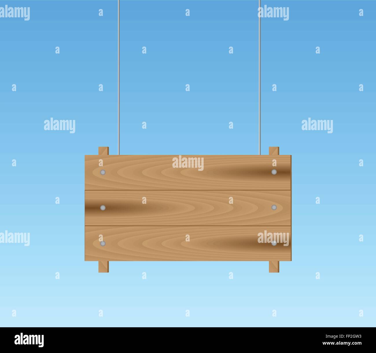 Illustration of a hanging wooden sign isolated on a sky background ...